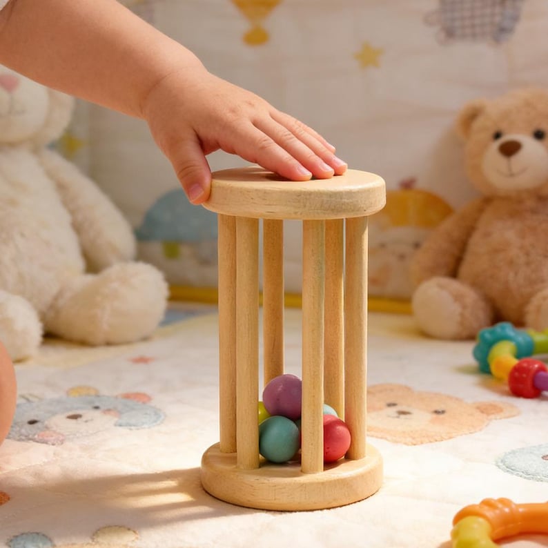 Montessori Wooden Toy – Bell Cylinder – Ball Rattle Set – Natural ...