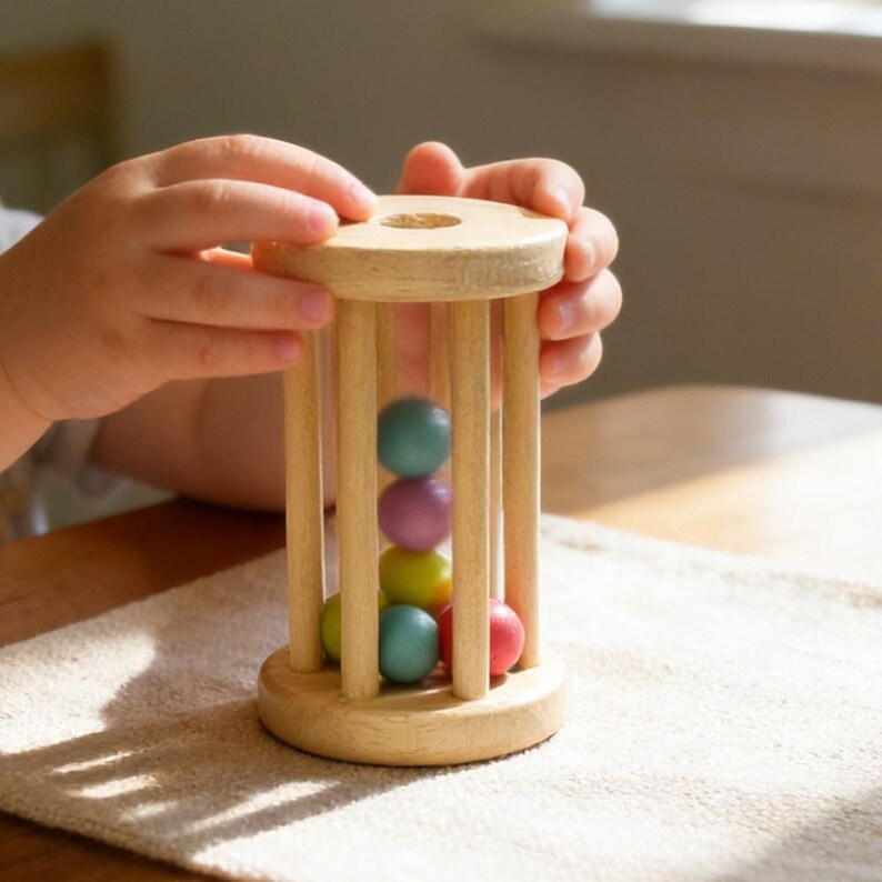 Montessori Wooden Toy – Bell Cylinder – Ball Rattle Set – Natural ...