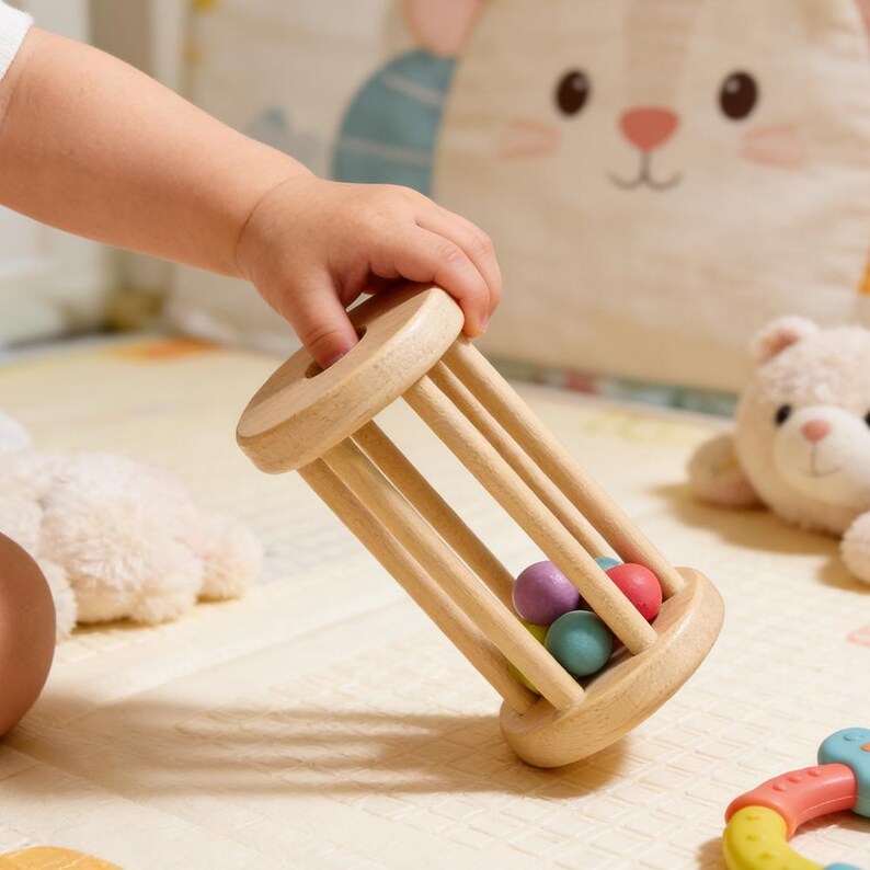 Montessori Wooden Toy – Bell Cylinder – Ball Rattle Set – Natural ...