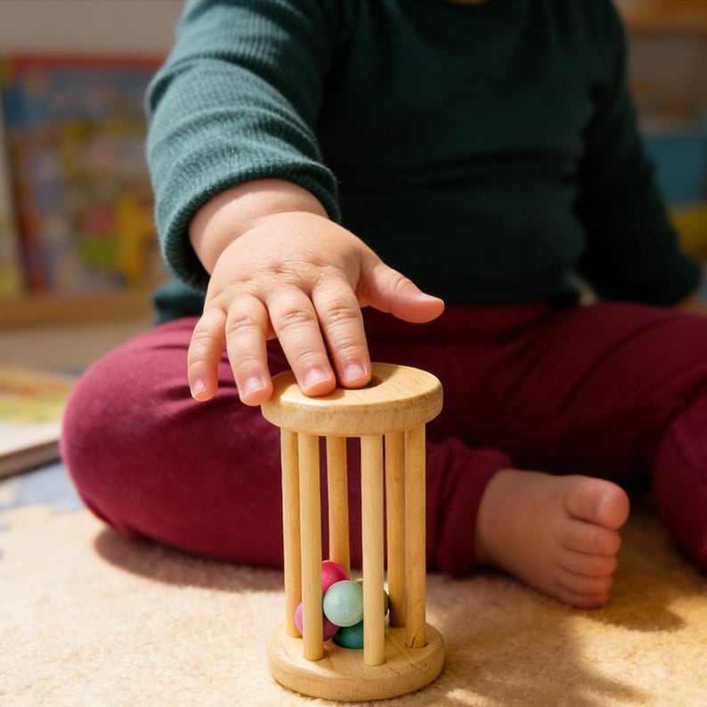 Montessori Wooden Toy – Bell Cylinder – Ball Rattle Set – Natural ...