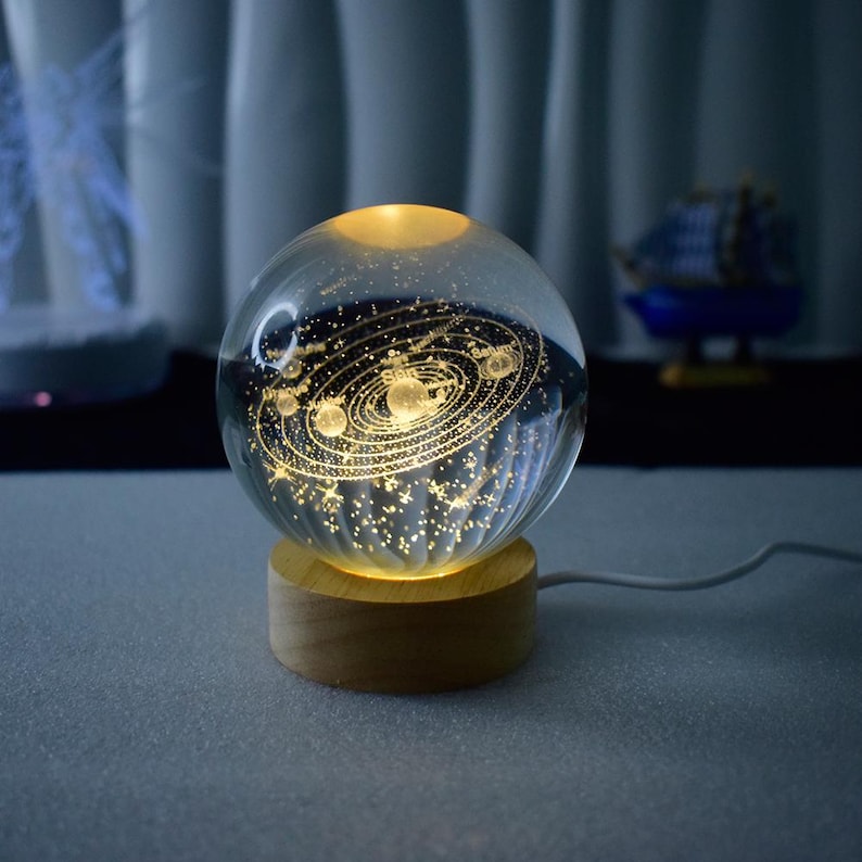 3D Galaxy Crystal Ball–6cm Solar System Lamp–personalized Wooden Base ...