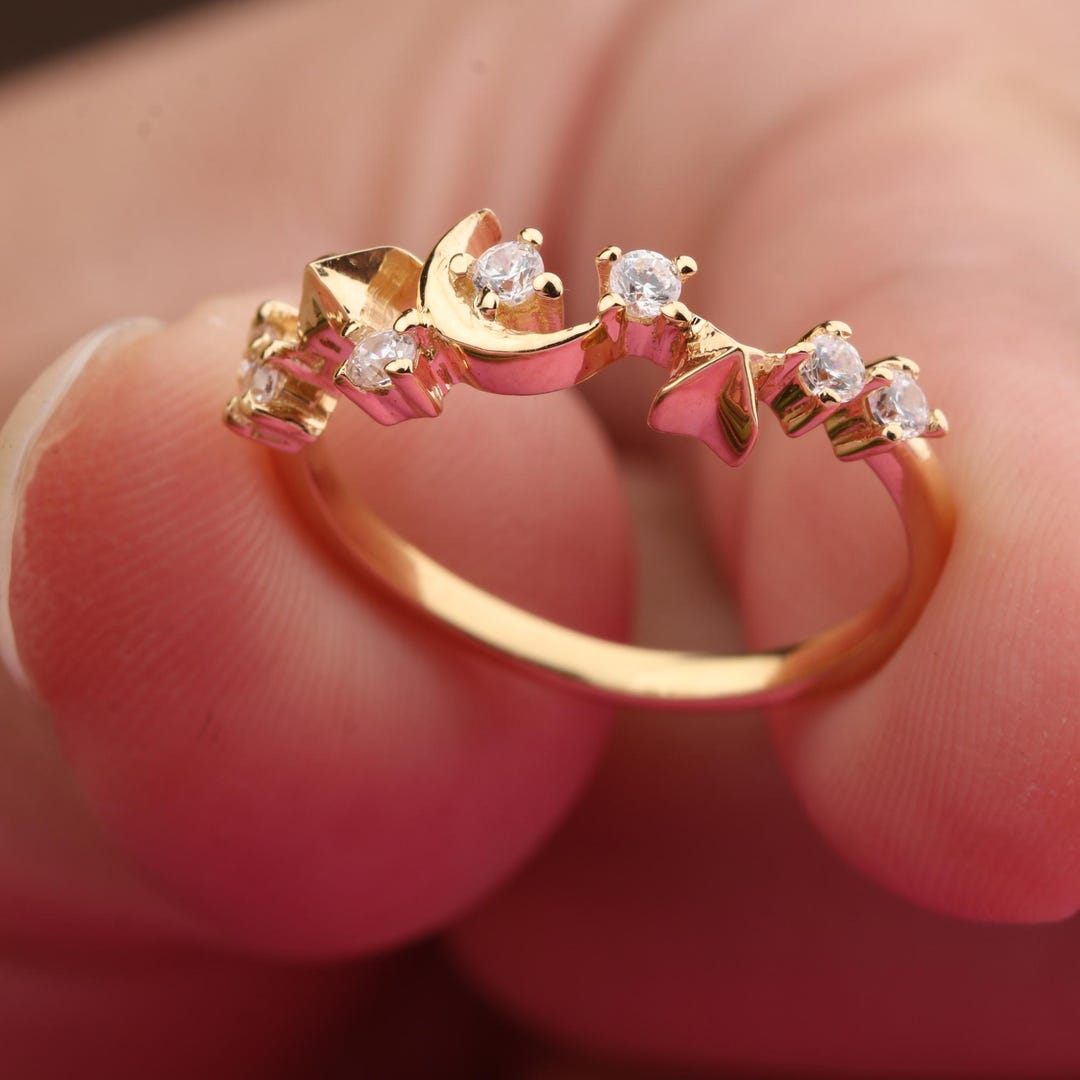 Crescent Moon Diamond Ring, Natural Diamond Crescent Moon Star Diamond ...