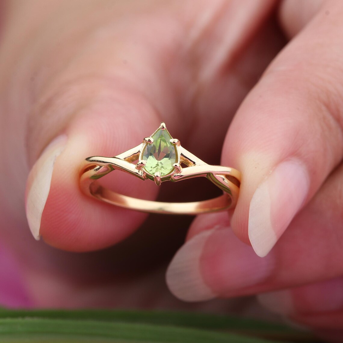 14k Solid Gold Peridot Birthstone Ring, Pear Shape Peridot, Solid Gold ...
