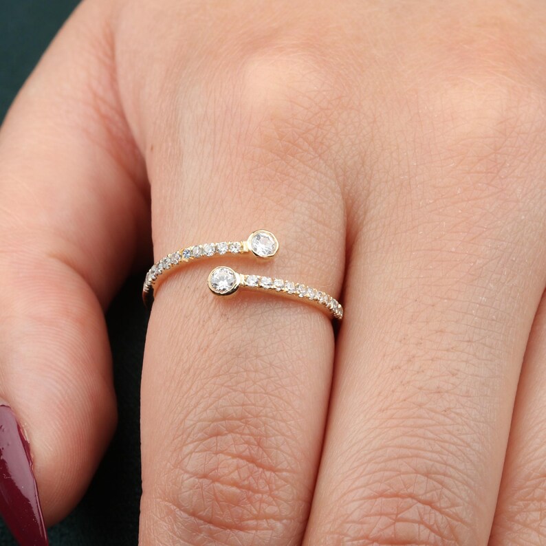 14K Round Diamond Cuff Ring, Graduating Diamond Ring, Gold Open Cuff Band, Unique Diamond ...