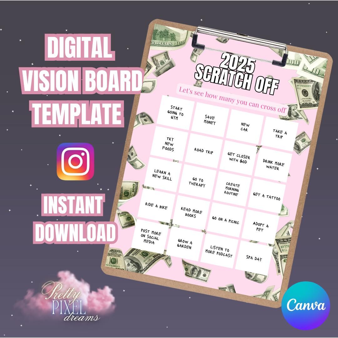 Pink Vision Board Fill in Scratch off Board Game Template Motivating ...