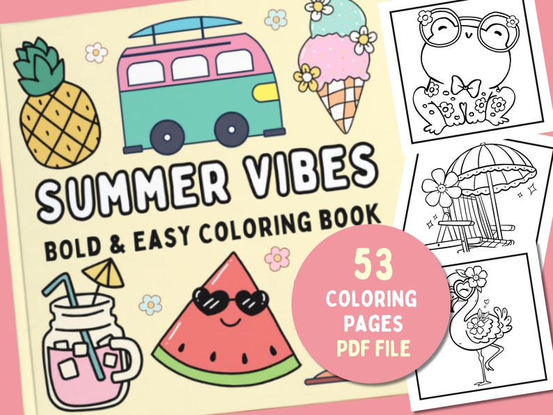 Summer Vibes Adult Coloring Pages for Kids Digital Coloring Book Bold ...
