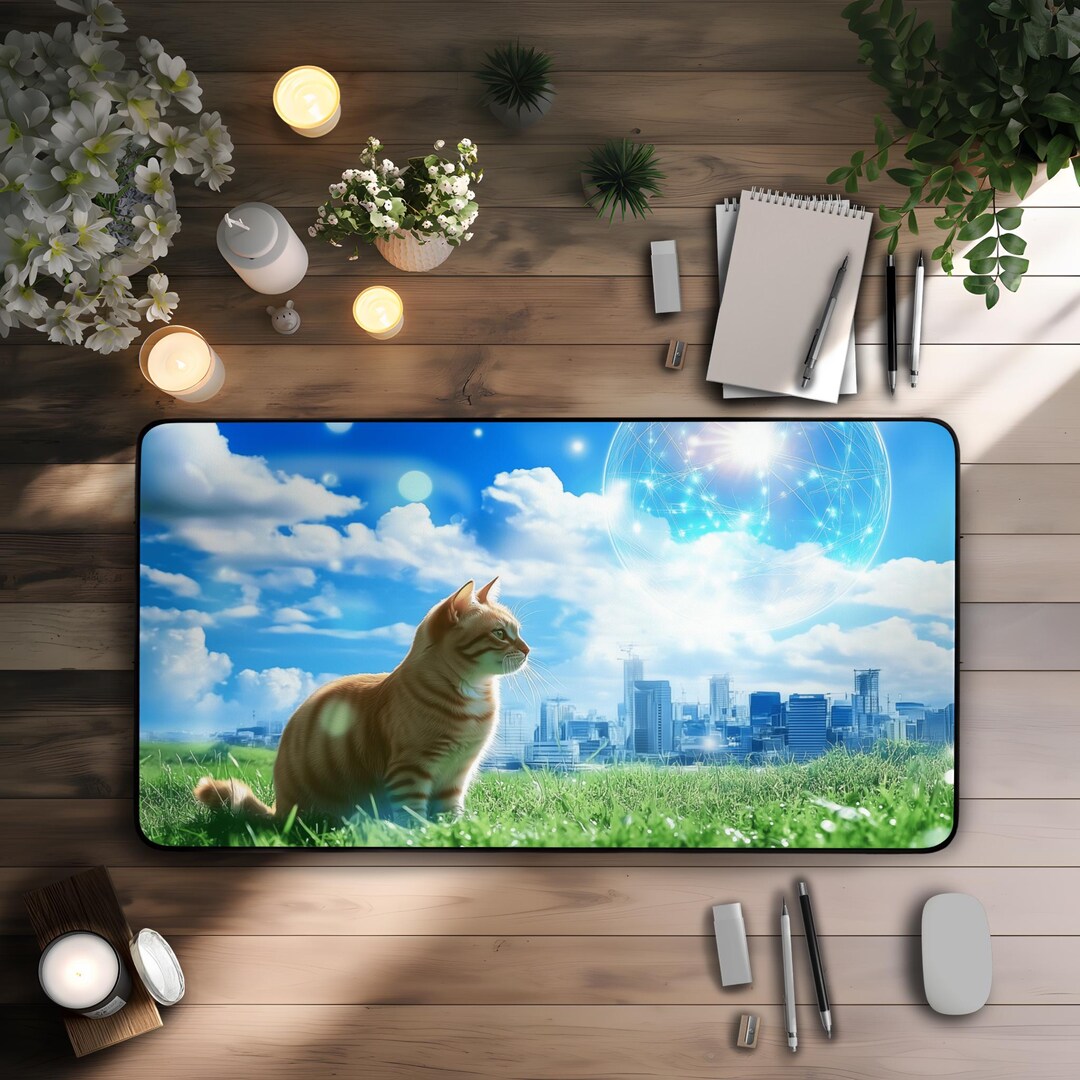 Frutiger Aero Desk Mat With Ginger Cat - Office Desk Accessory ...