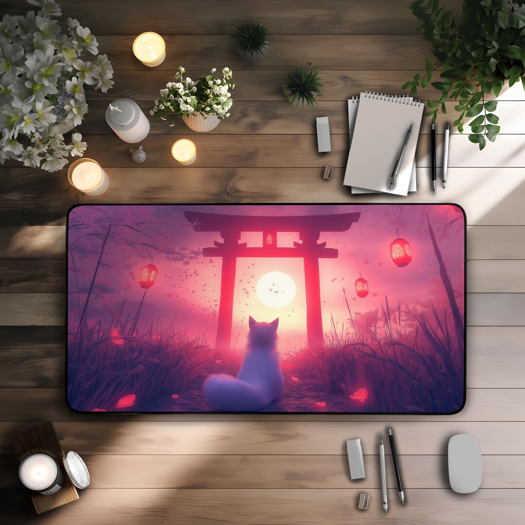 Traditional Japanese Kitsune Fox Desk Mat Design, Vaporwave Aesthetic ...