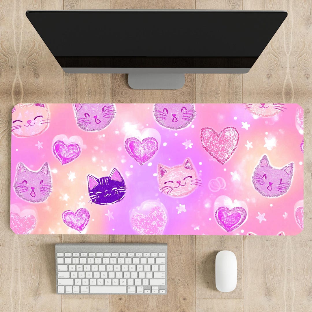 Y2K Desk Mat 2000s Nostalgia Cute Cat Pattern, Purple Animal Aesthetic ...