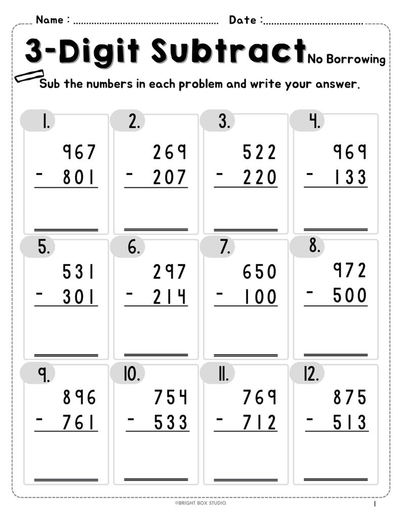 3-digit Subtraction Without Borrowing | Printable Worksheets With Answer Keys - Etsy