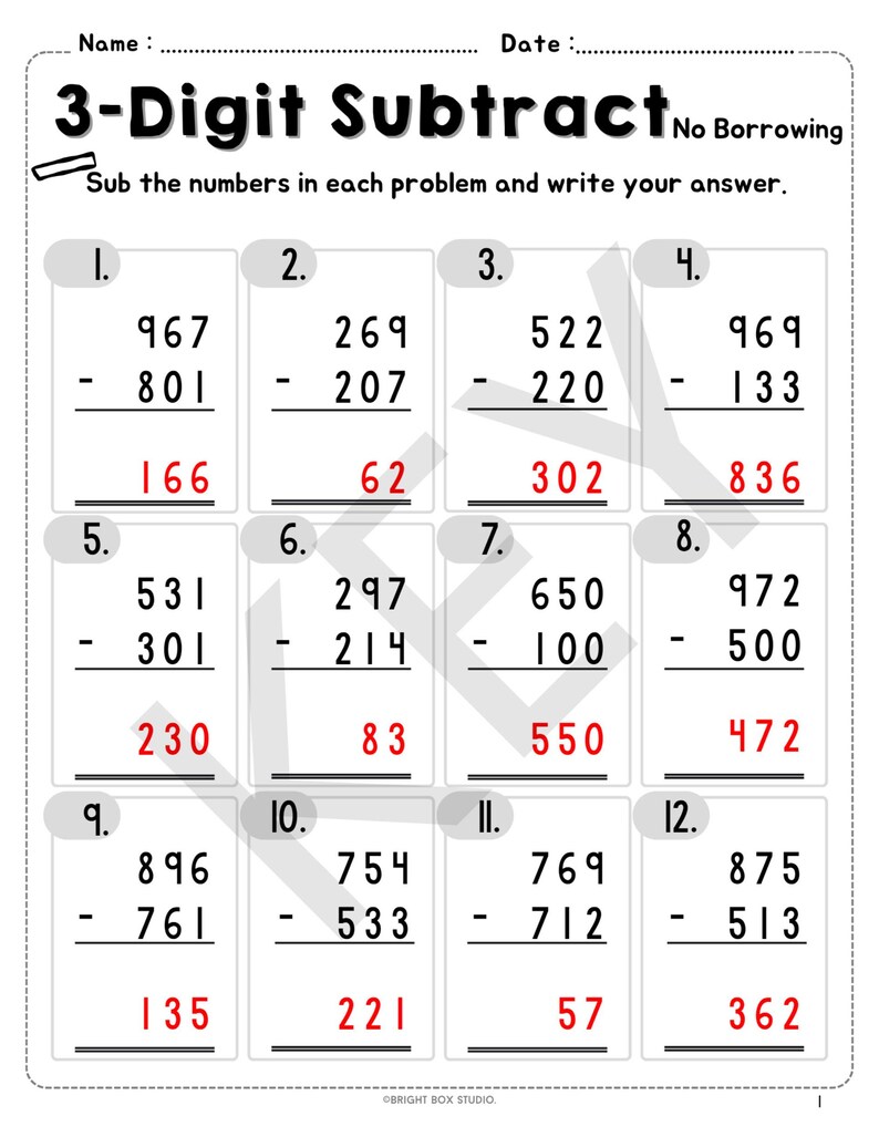 3-digit Subtraction Without Borrowing | Printable Worksheets With ...