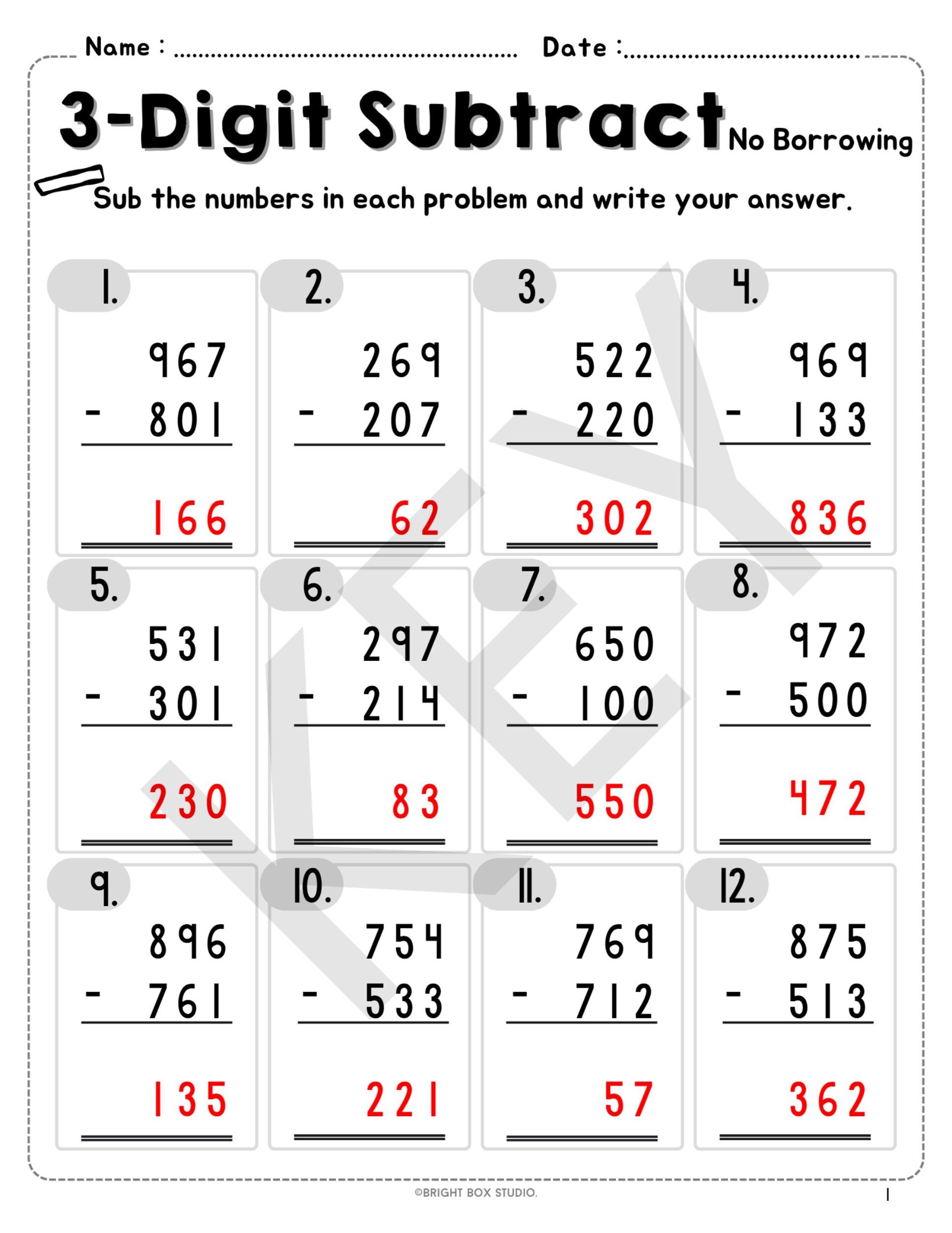 3-digit Subtraction Without Borrowing | Printable Worksheets With ...