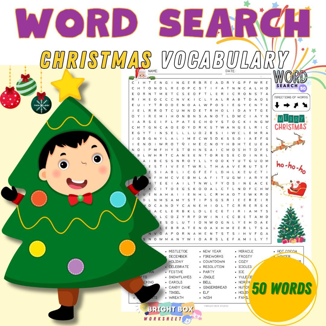 Festive Christmas Word Search for Grades 3-6 50 Words for Spelling ...