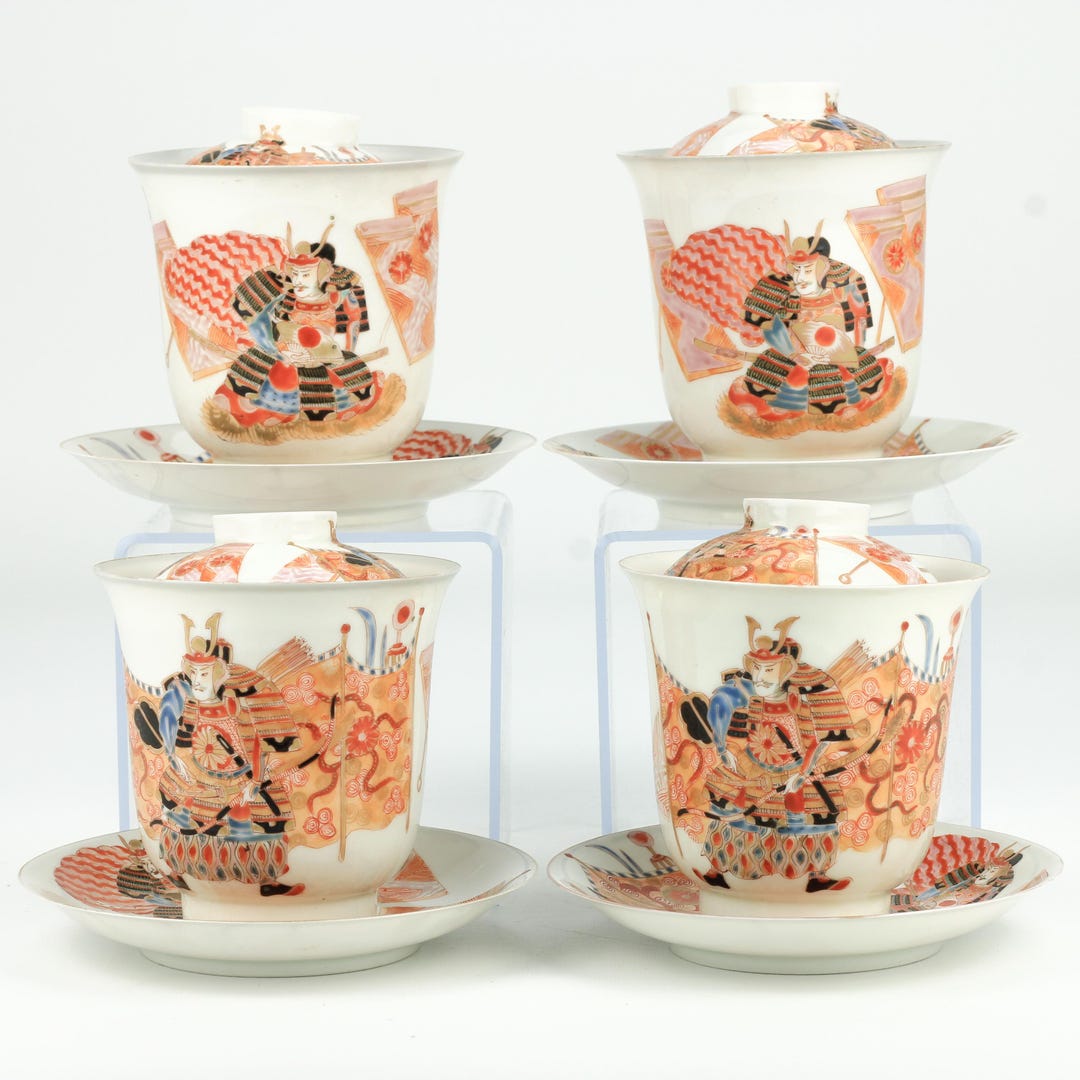 Set of Four Japanese Eggshell Porcelain Lidded Cups & Saucers – Arita ...