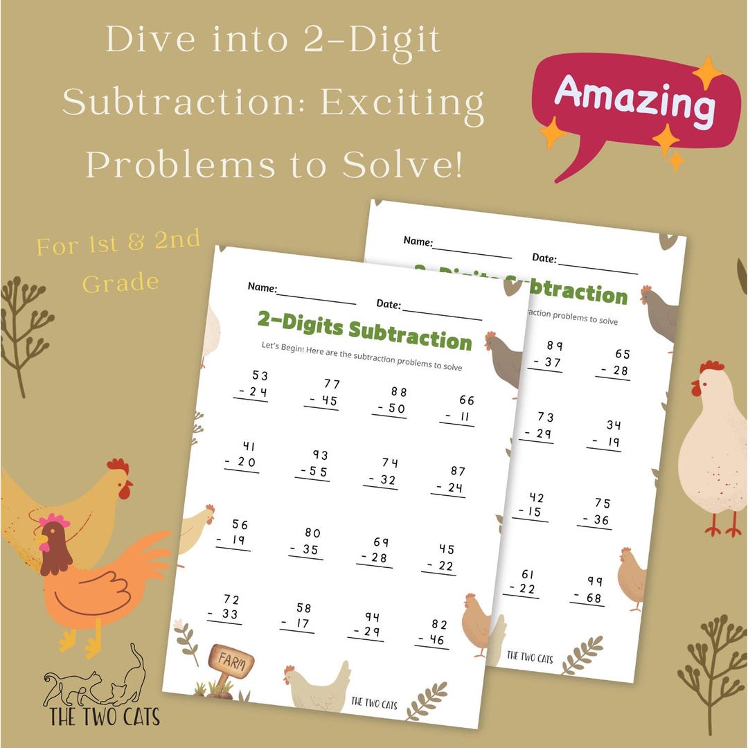 2-digit Subtraction Worksheets: Farm Theme, Ages 5-7 (PDF Download) - Etsy