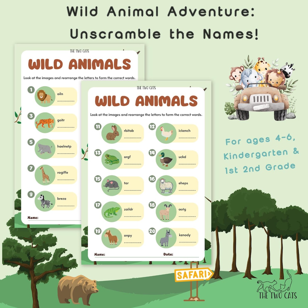 5 Printable Spelling Worksheets to Identify Wild Animals for Kids Ages ...