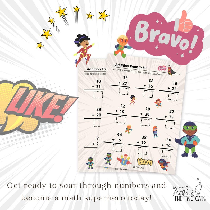 10 Printable Addition Worksheets (1-50) for Kids Ages 5-7, Ideal for ...