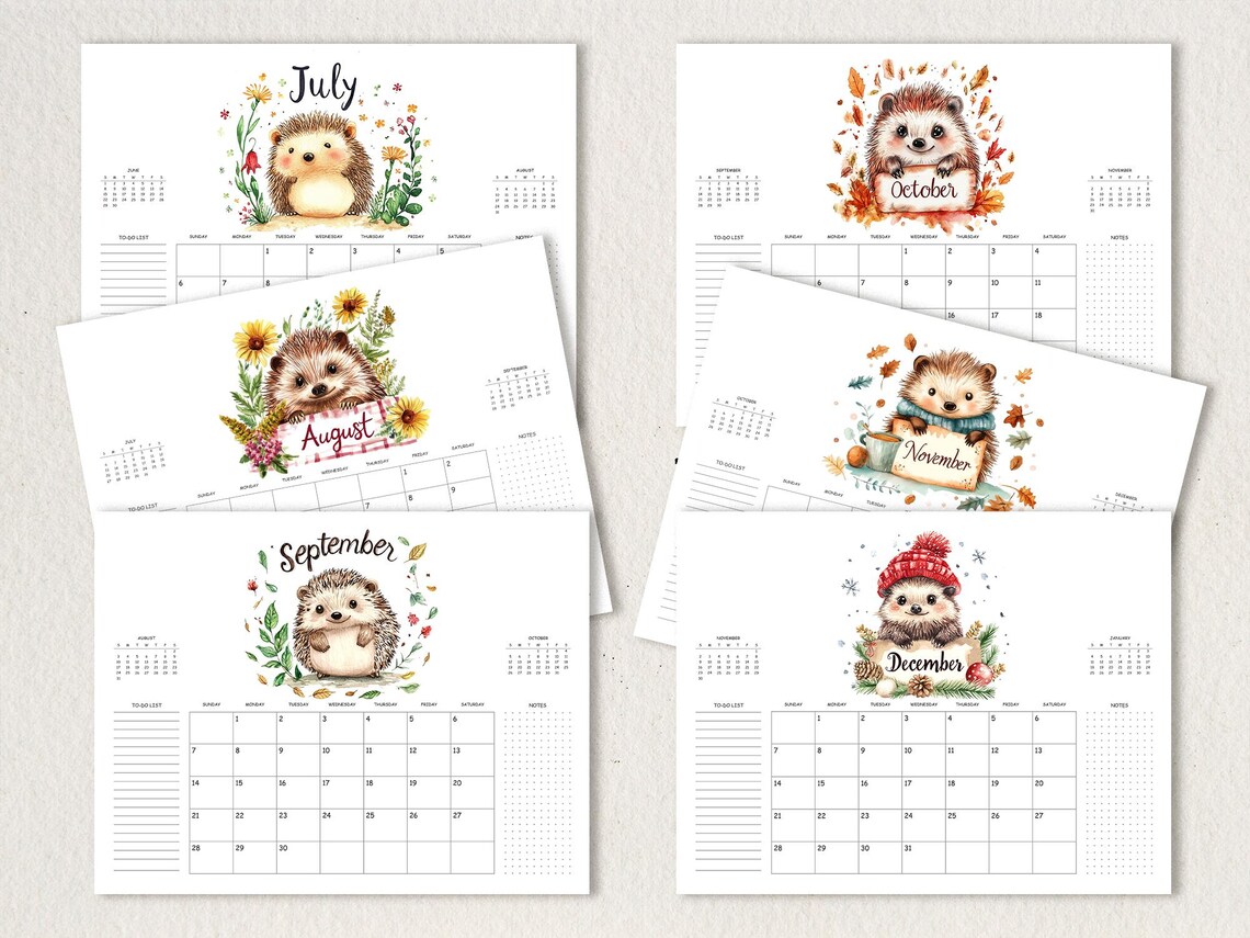 2025 Printable Calendar With Cute Hedgehogs | Monthly Wall Planner ...
