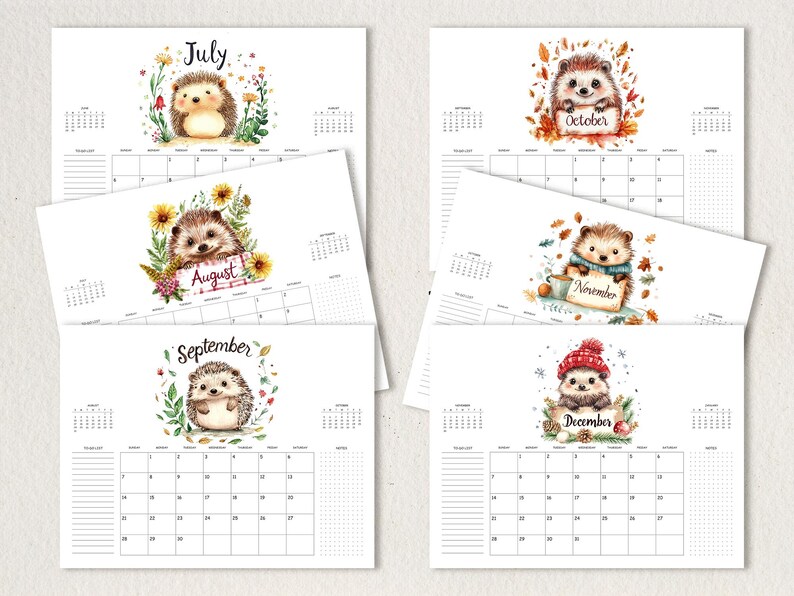 2025 Printable Calendar With Cute Hedgehogs | Monthly Wall Planner ...