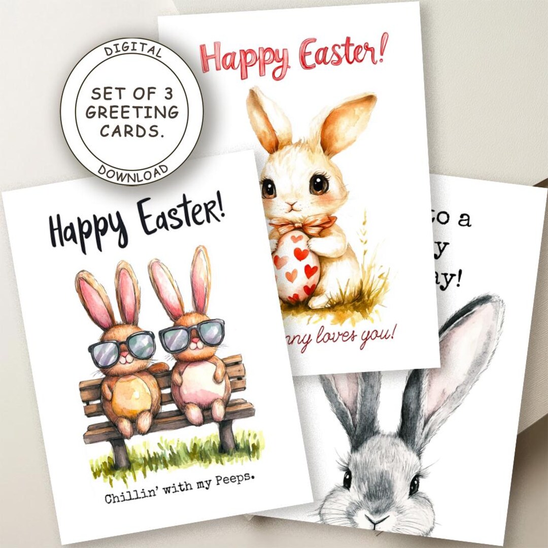 Cute Bunny Easter Cards Set | Printable 5x7 Folded Greetings (instant ...