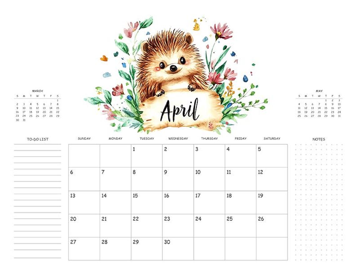 2025 Printable Calendar With Cute Hedgehogs | Monthly Wall Planner ...