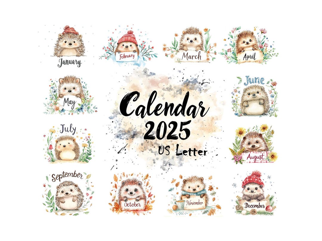 2025 Printable Calendar With Cute Hedgehogs | Monthly Wall Planner ...