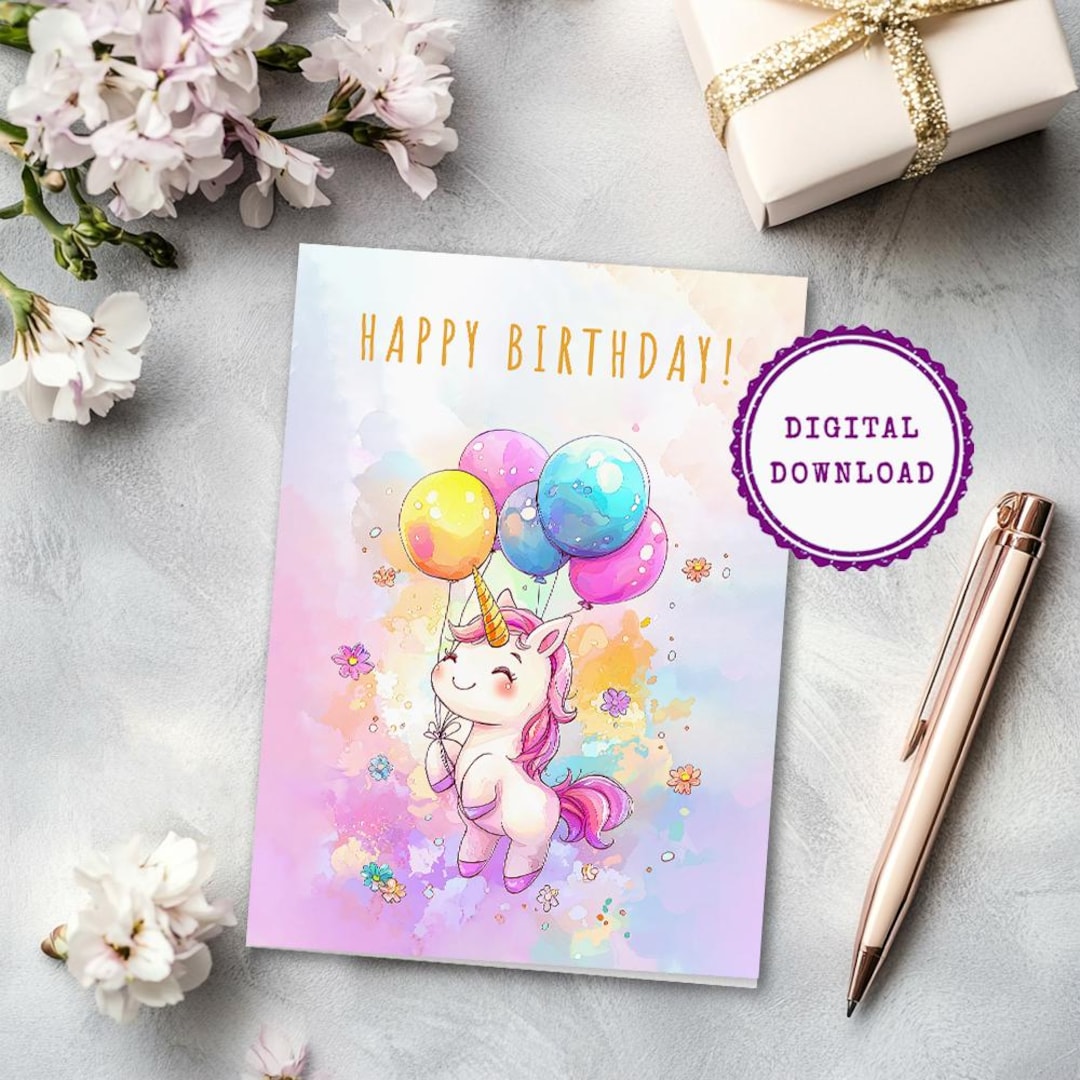 Unicorn Birthday Card | Printable Birthday Card for Girls | Foldable ...