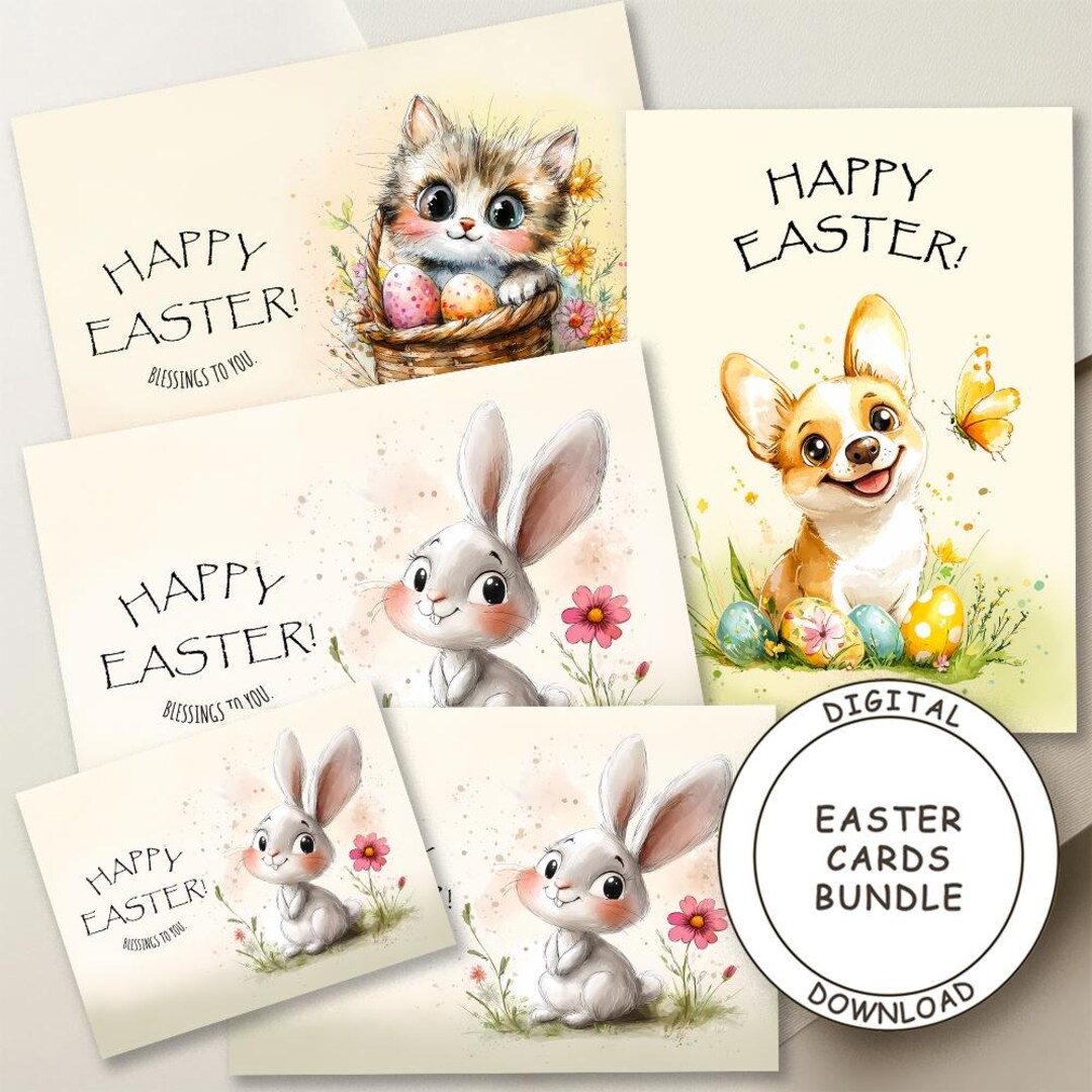 Printable Easter Cards | Cute Easter Card Set | Bunny, Cat, Dog Easter ...
