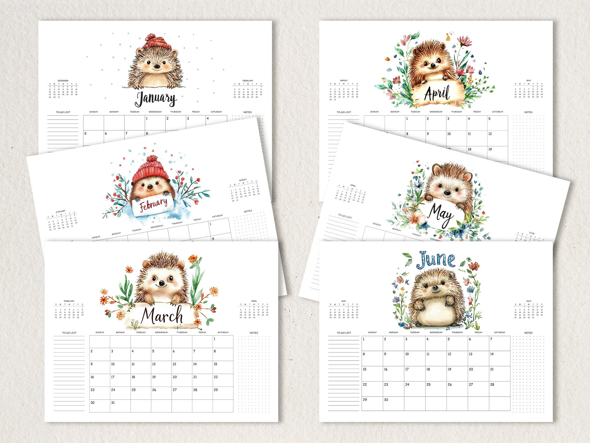 2025 Printable Calendar With Cute Hedgehogs | Monthly Wall Planner ...