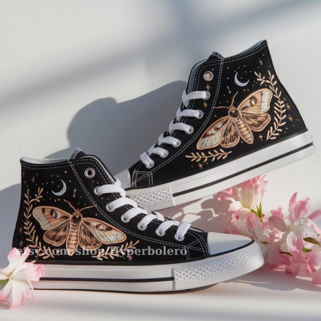 Moth Embroidered Black Converse Custom High Tops Chuck Taylor Shoes ...