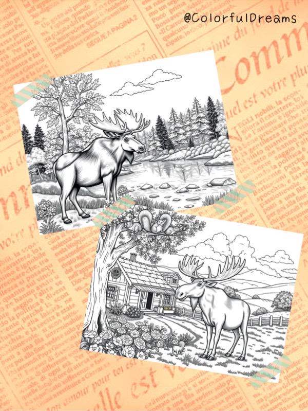Moose Wonderland: Stunning Coloring Pages for Stress Relief & Fun - Etsy