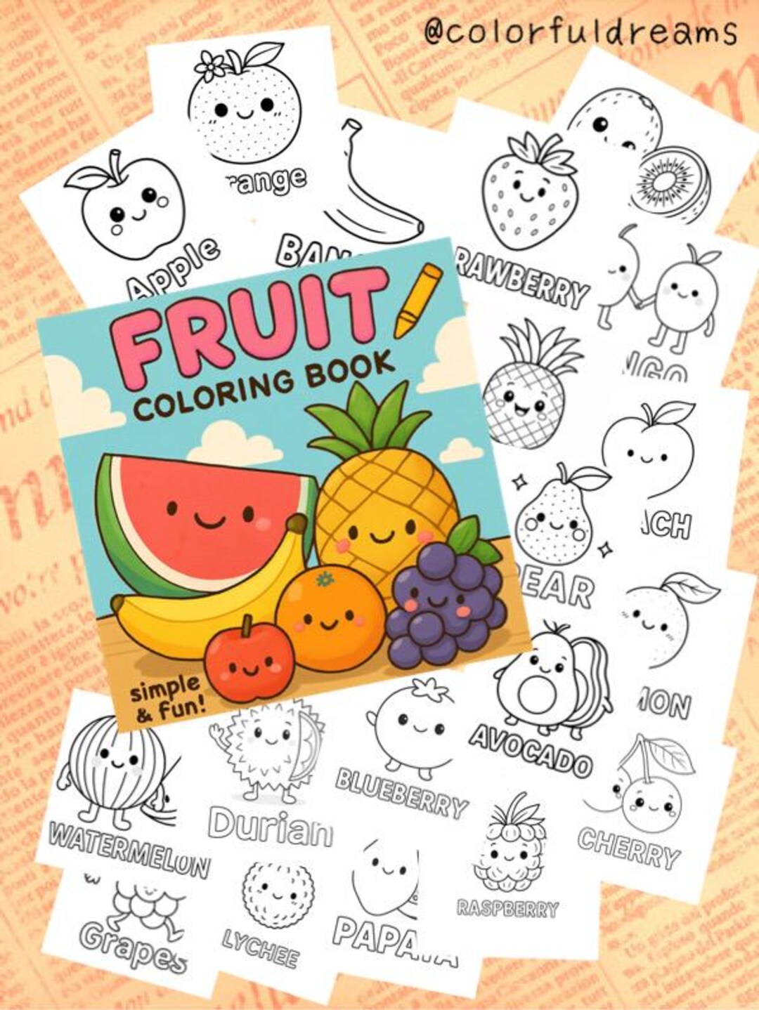 Fruit Coloring Page - Fun & Relaxing Arts for All Ages! - Etsy