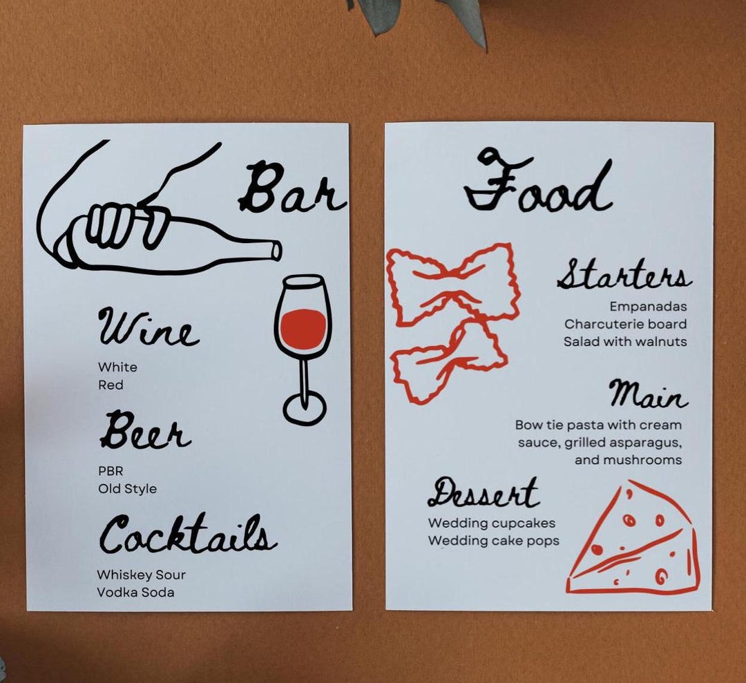 Whimsical Matching Bar and Food Menus, Cursive Writing Canva Template ...