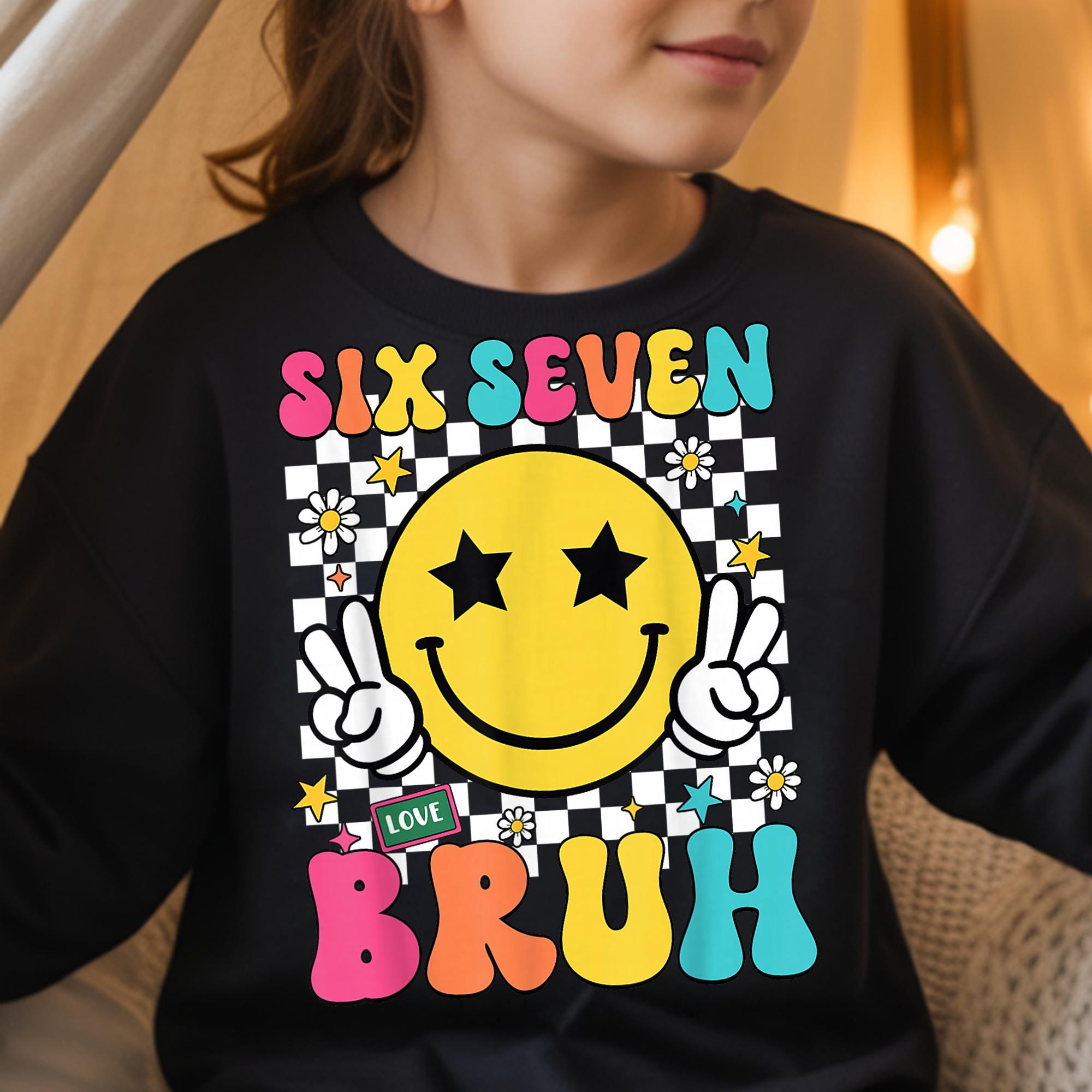 Six Seven Bruh PNG, Retro Smiley Face School Design, Colorful Groovy ...
