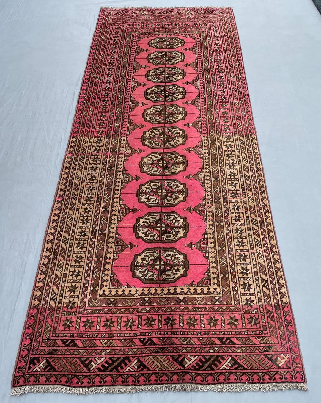 3x10 Vintage Pink Stair Runner Rug, Handmade Ahal Gul Medallion Wool ...