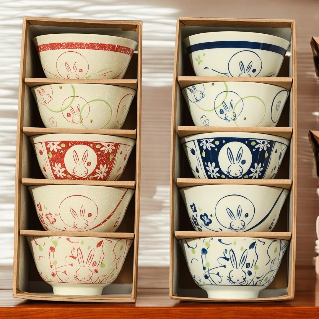 Japanese Ceramic Rice Bowl Set Rabbit Design Mini Ramen Bowls Pho Soup ...