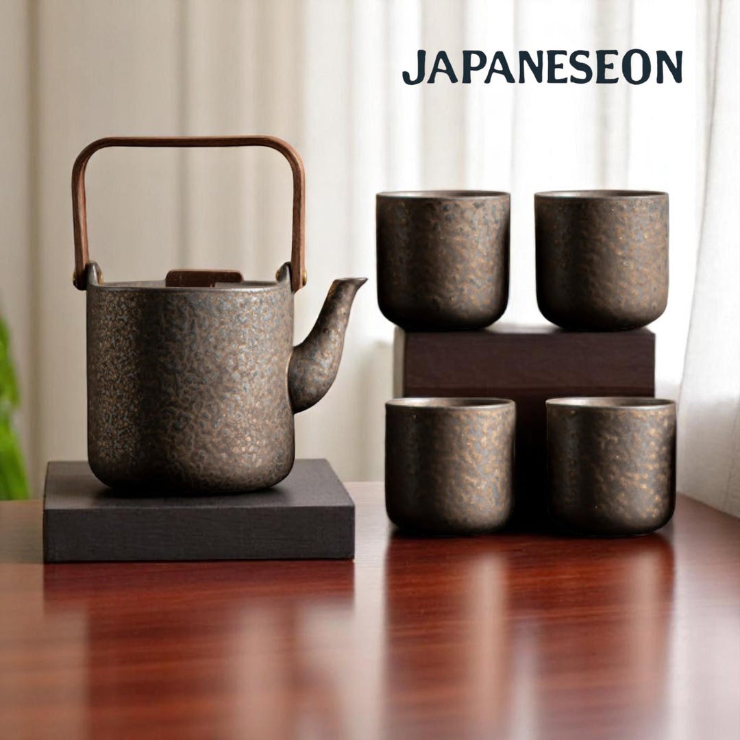 Japanese Ceramic Teapot Set I Handmade Matte Glazed Tea Pot With Wooden ...