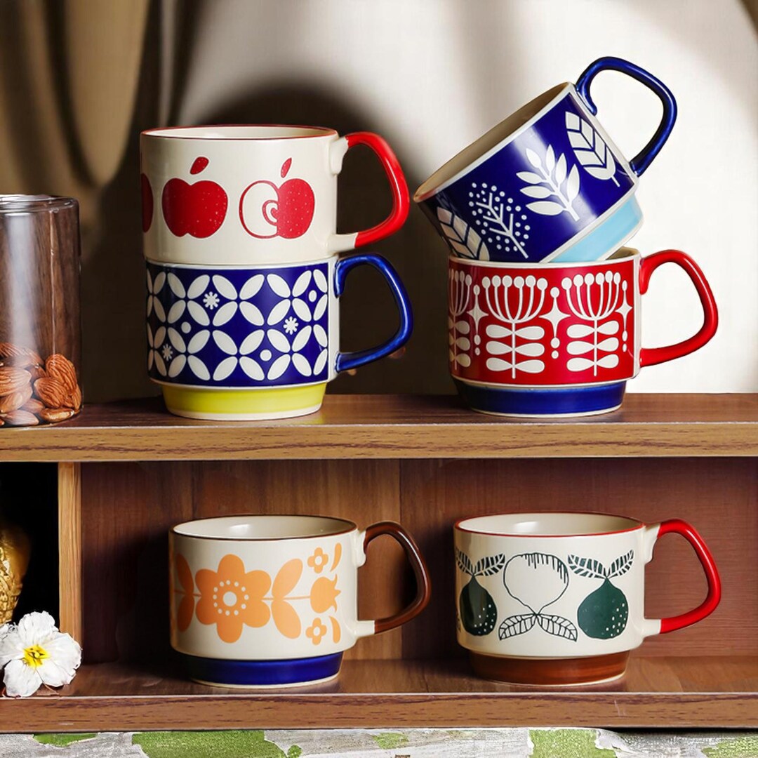 Retro Japanese Ceramic Mug Set I Hand-painted Coffee Cups With Floral ...