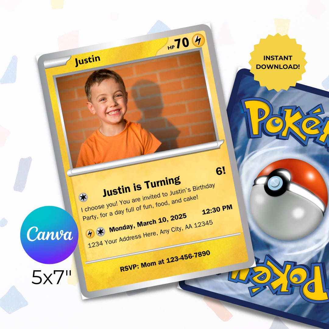 Poke Mon Card Theme Party Invitation, Canva Template Birthday Party ...