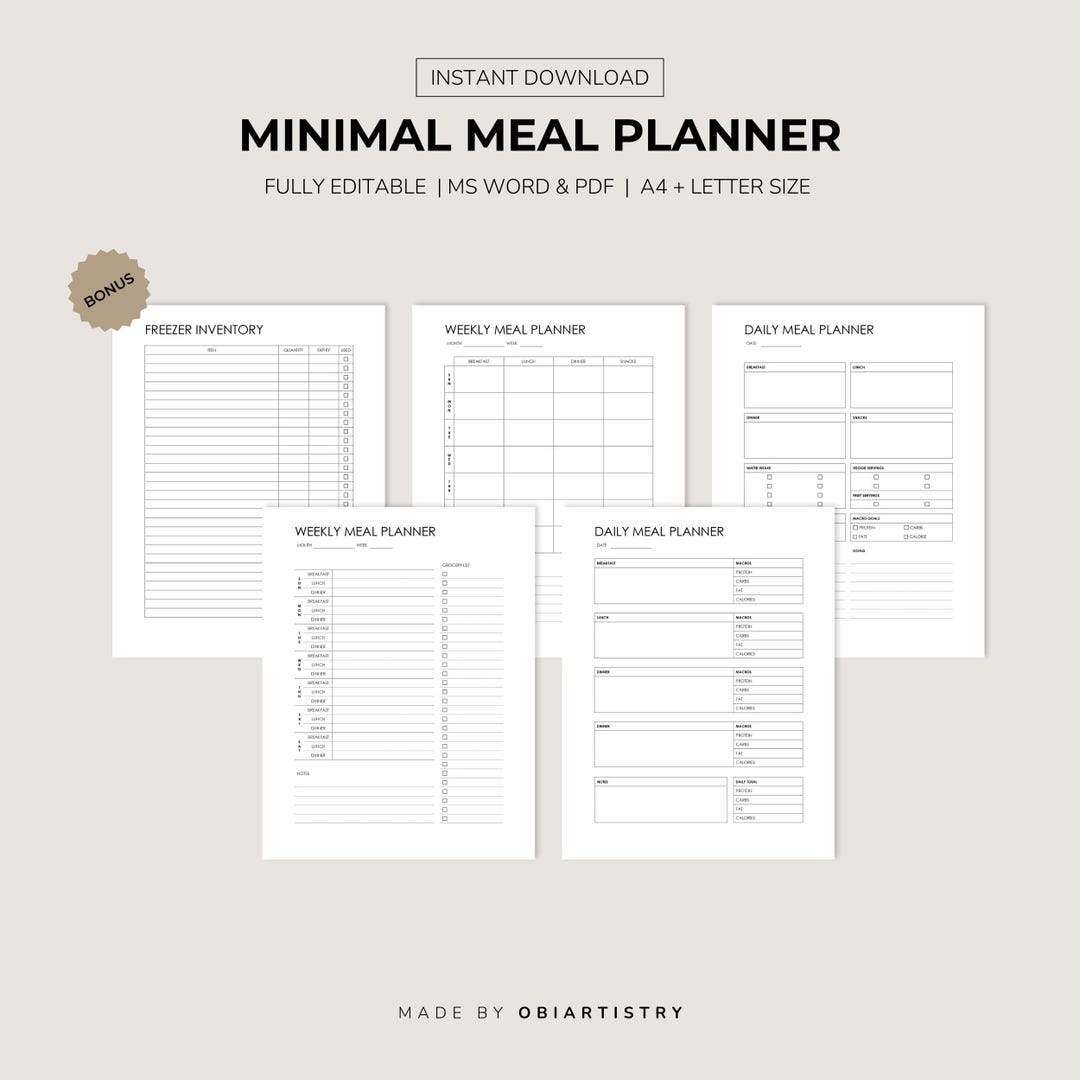 Minimalist Meal Planner Template, Meal Planner Print, MS Word Template ...