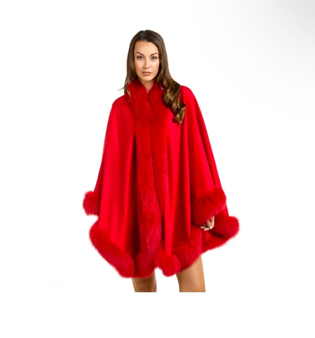Luxury Red Cashmere Cape With Genuine Fox Fur Trim Elegant Winter Wrap ...