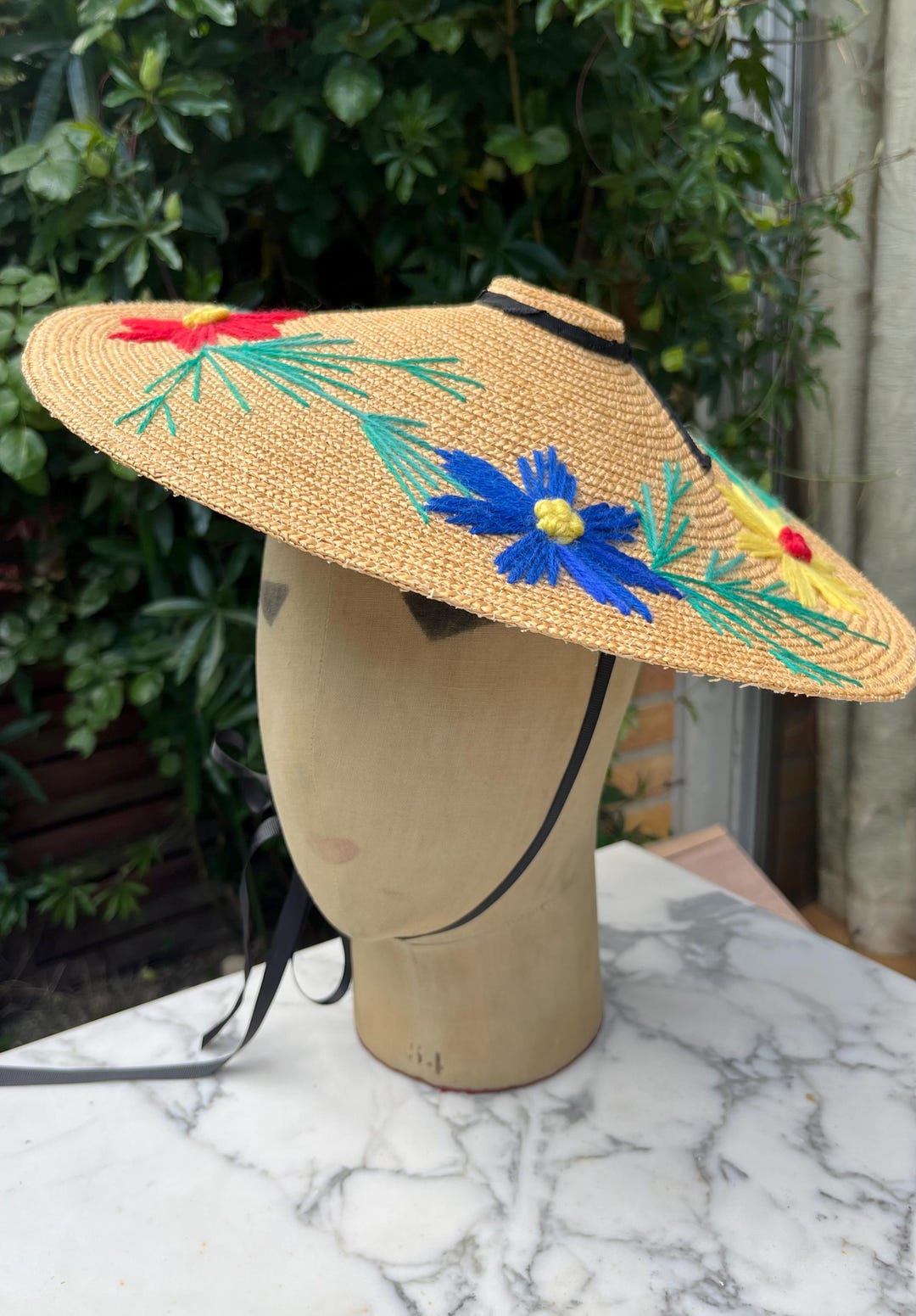 Rare Vintage 1940s French Riviera Straw Hat Floral Embroidered Sun Hat ...