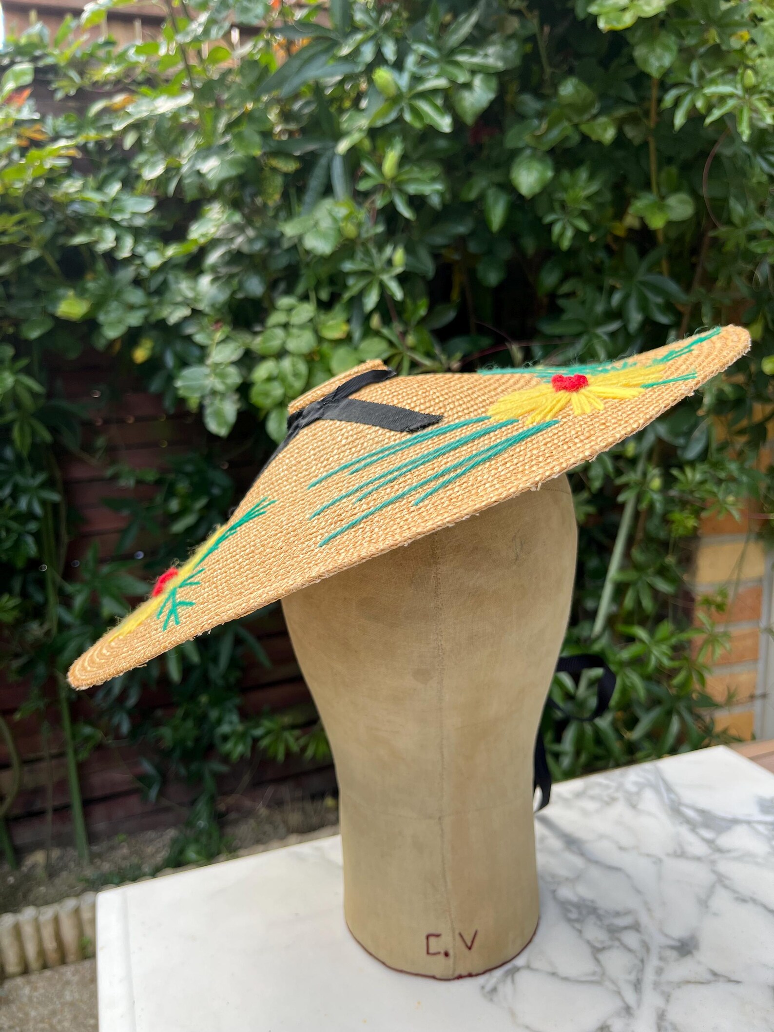 Rare Vintage 1940s French Riviera Straw Hat Floral Embroidered Sun Hat ...