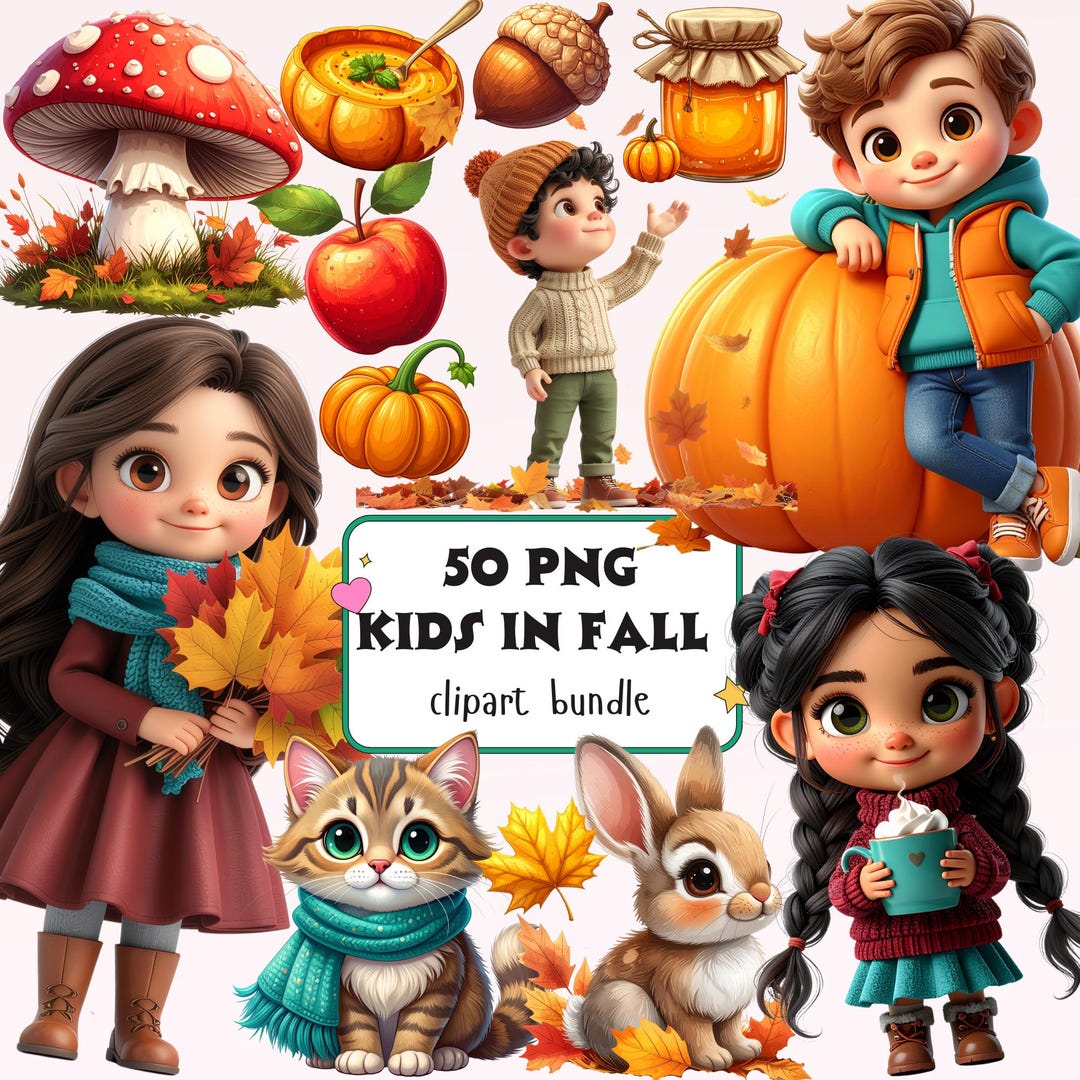 Kids in Fall Clipart Cute Autumn Children PNG Pumpkins, Leaves, Animals ...