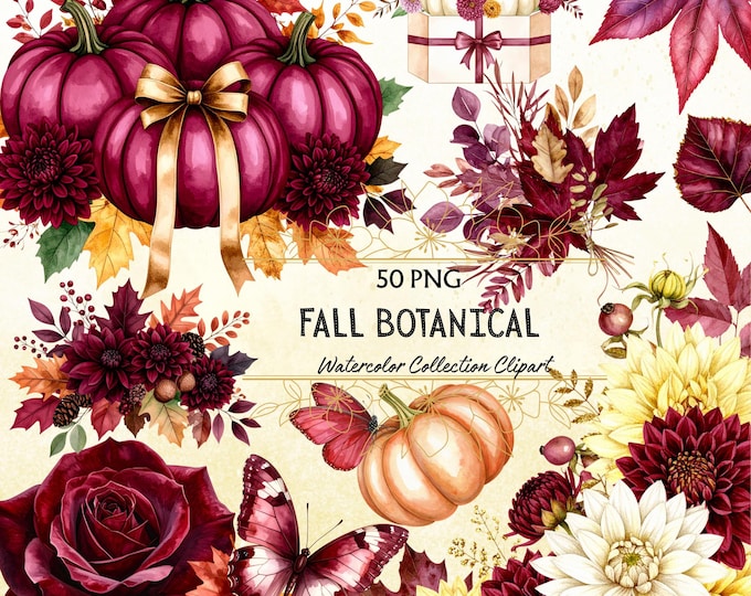Burgundy Country Autumn Fall Watercolor Clipart Bundle. AI Illustration ...