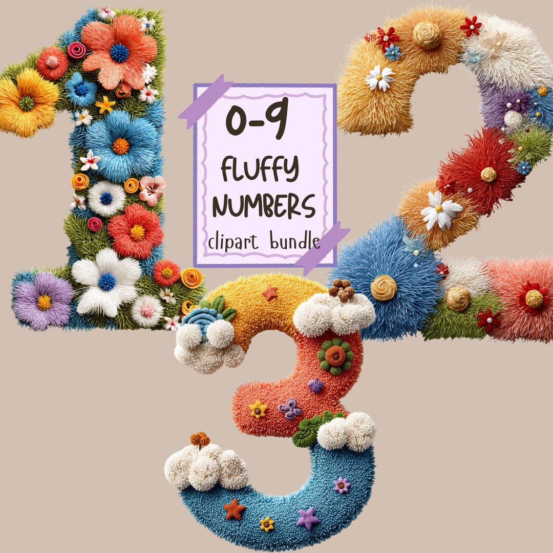 Whimsical Fluffy Numbers Clipart: PNG Scrapbook, Commercial Use ...