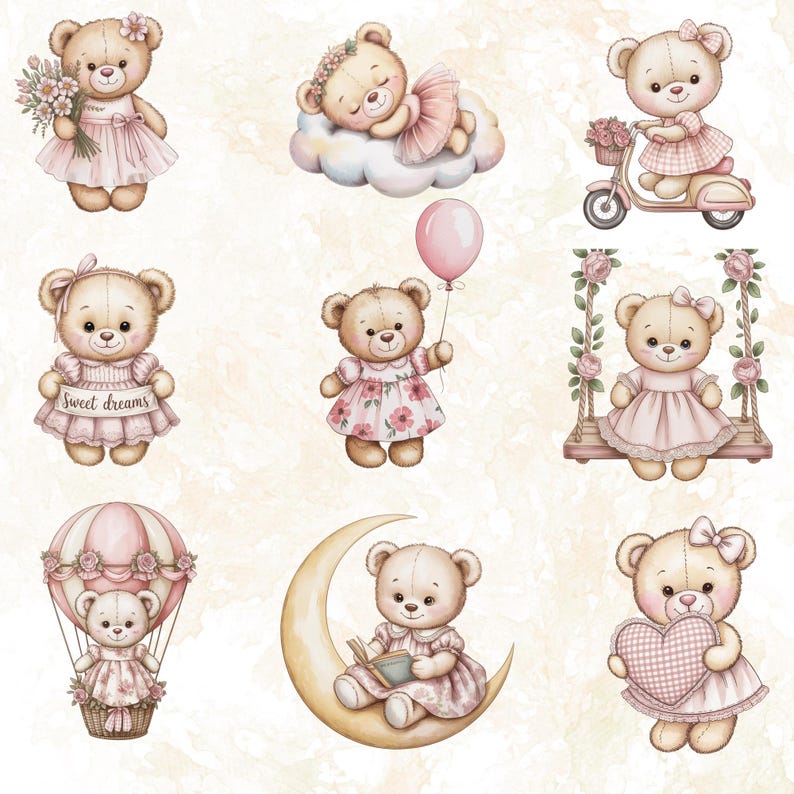 Pink Teddy Bear Clipart: Boho Nursery PNG, Baby Shower (digital ...