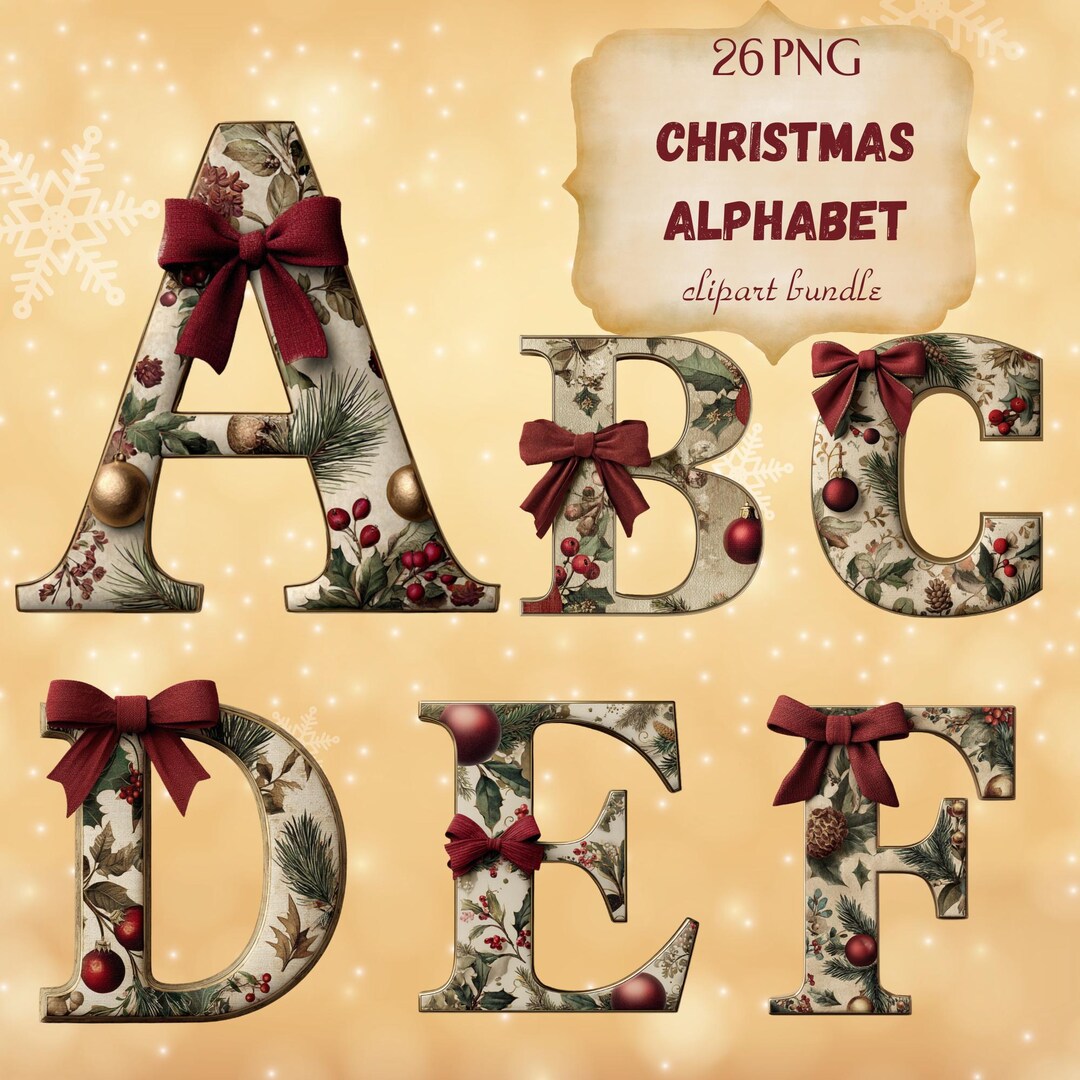 Vintage Christmas Alphabet Clipart: Holiday Initials (PNG Digital ...