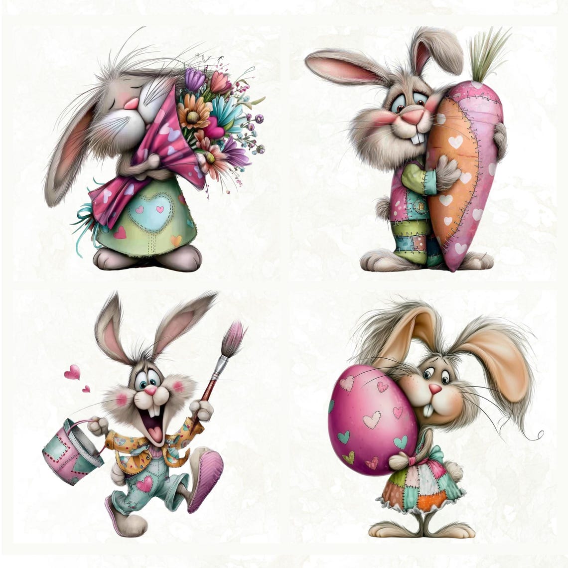 Easter Bunny Clipart Set: Quirky Whimsical Rabbits, Spring Easter PNG ...