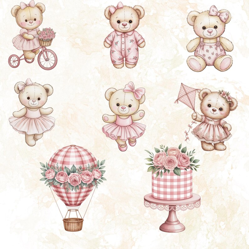 Pink Teddy Bear Clipart: Boho Nursery PNG, Baby Shower (digital ...
